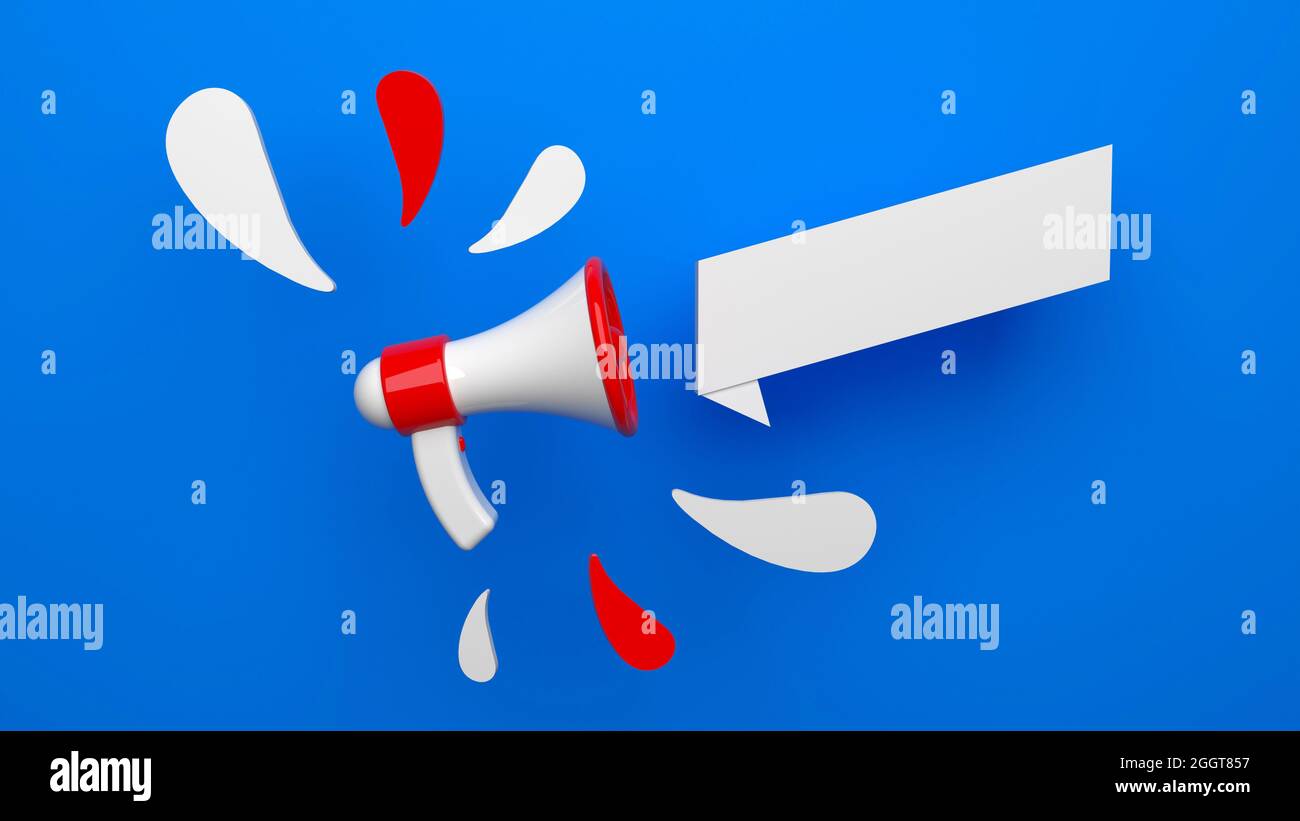 3D rendering concept of announcement, a megaphone on blue background ...