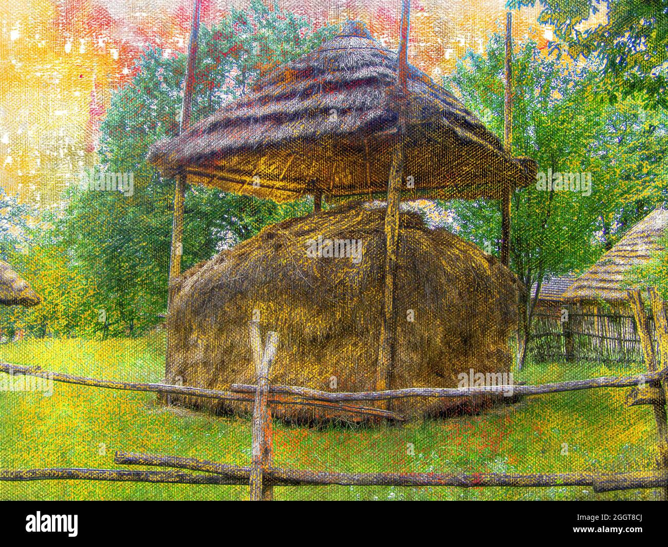 Village life. A dry haystack under a wooden roof. Houses under a Stock ...