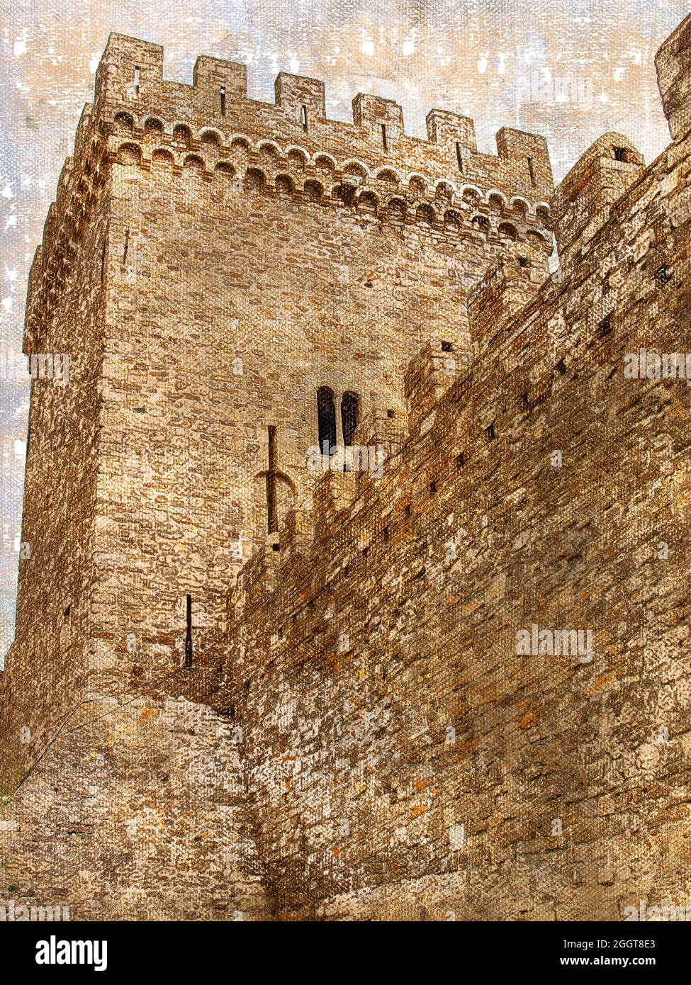 Impregnable fortress wall with a watchtower. High Medieval forti Stock ...