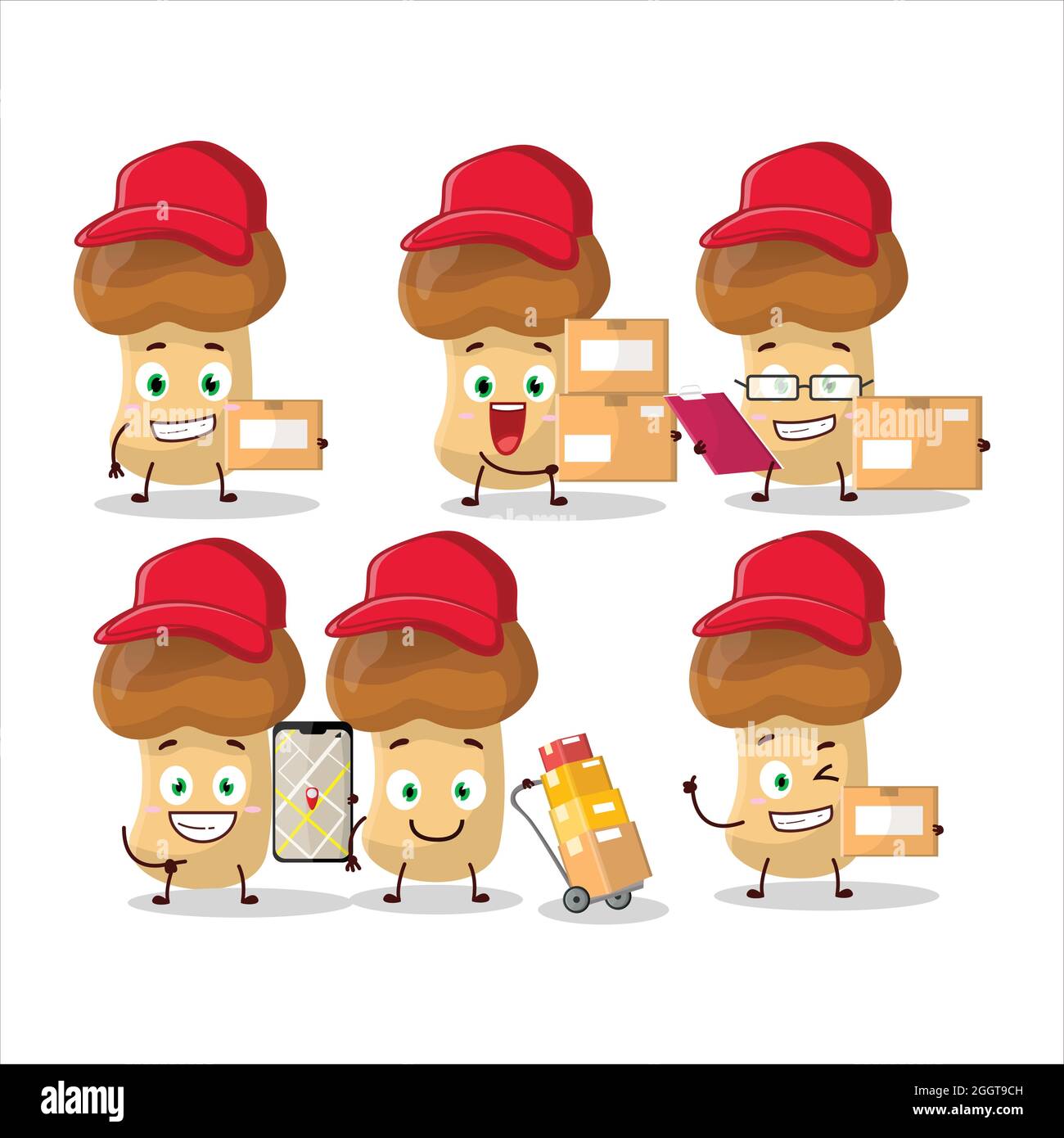 Cartoon character design of straw mushroom working as a courier. Vector ...