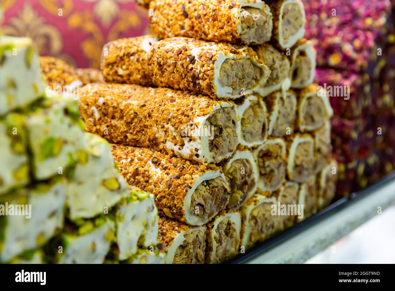 Turkish lokum with nougat, fruits and pistachios for sale Stock Photo ...