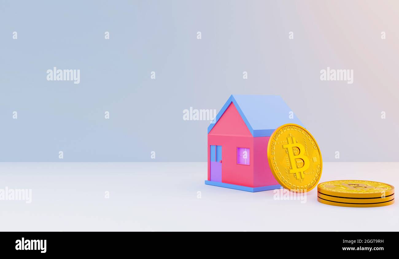 Real estate concept background with 3D rendered house and bitcoin in ...