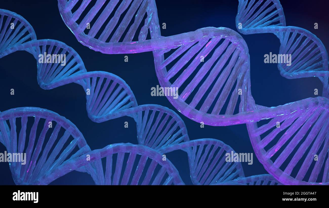 Blue DNA structure of blue light on dark background 3D illustration ...