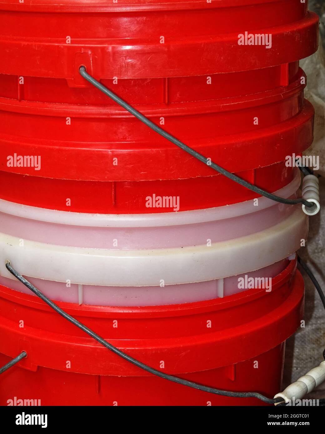 Odd one out, white bucket among red buckets Stock Photo - Alamy