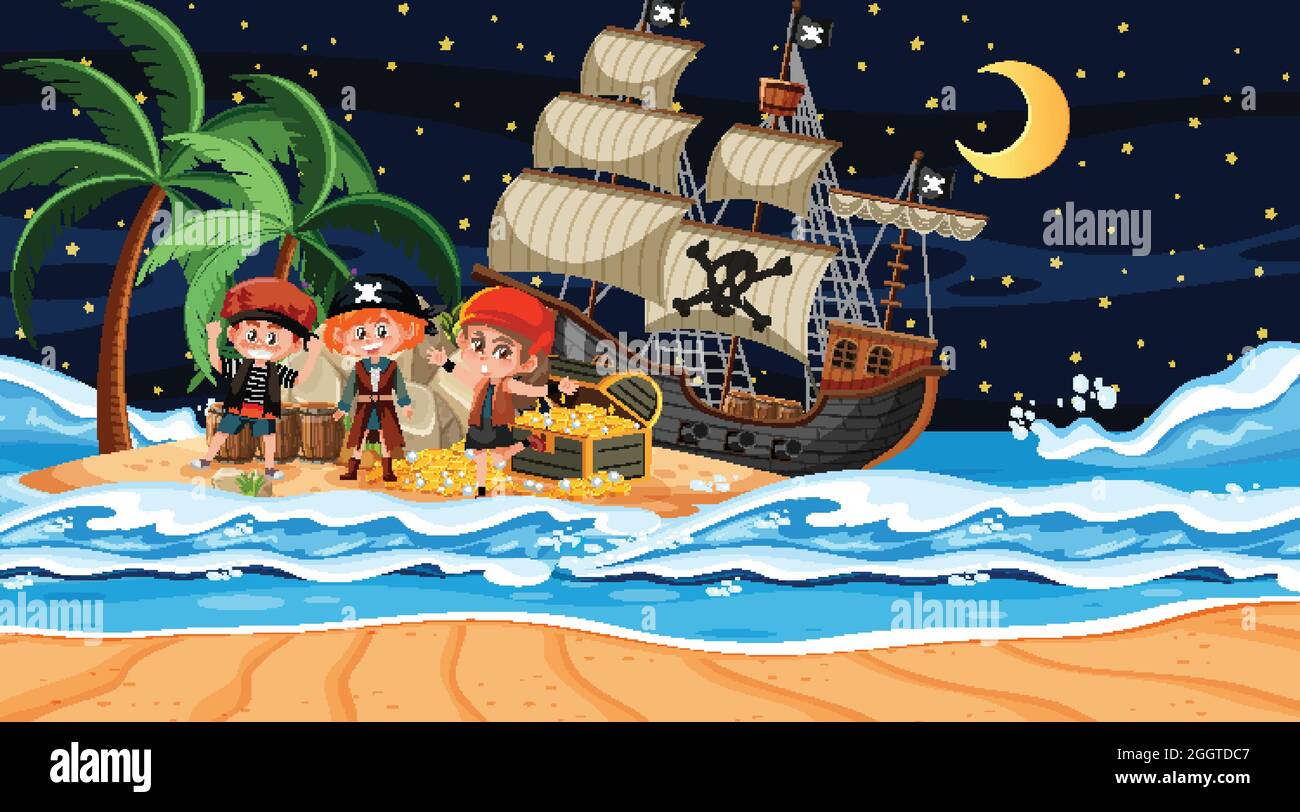 Treasure Island scene at night with Pirate kids illustration Stock ...