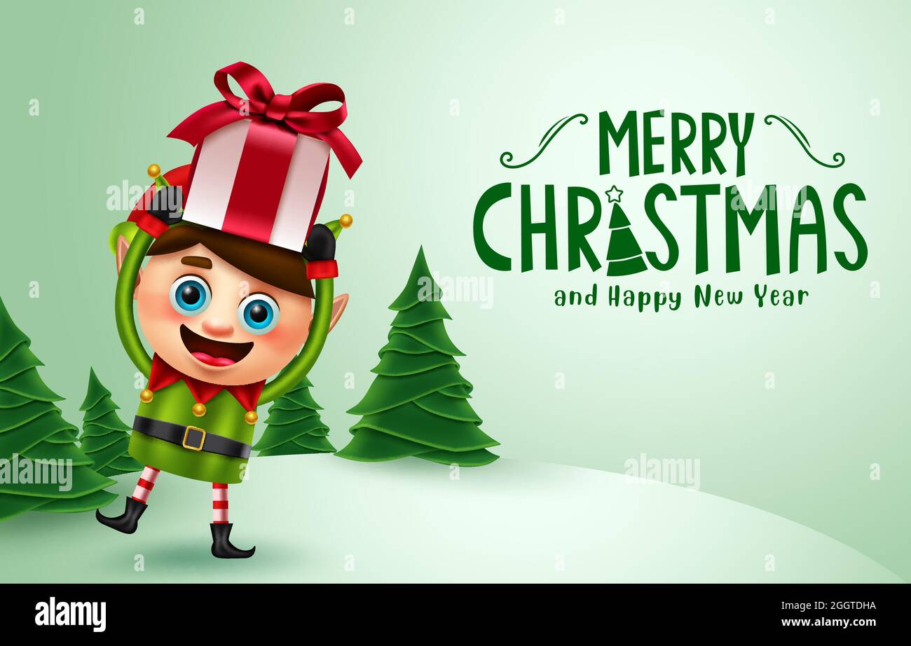 Christmas elf character vector design. Merry christmas text with elf ...
