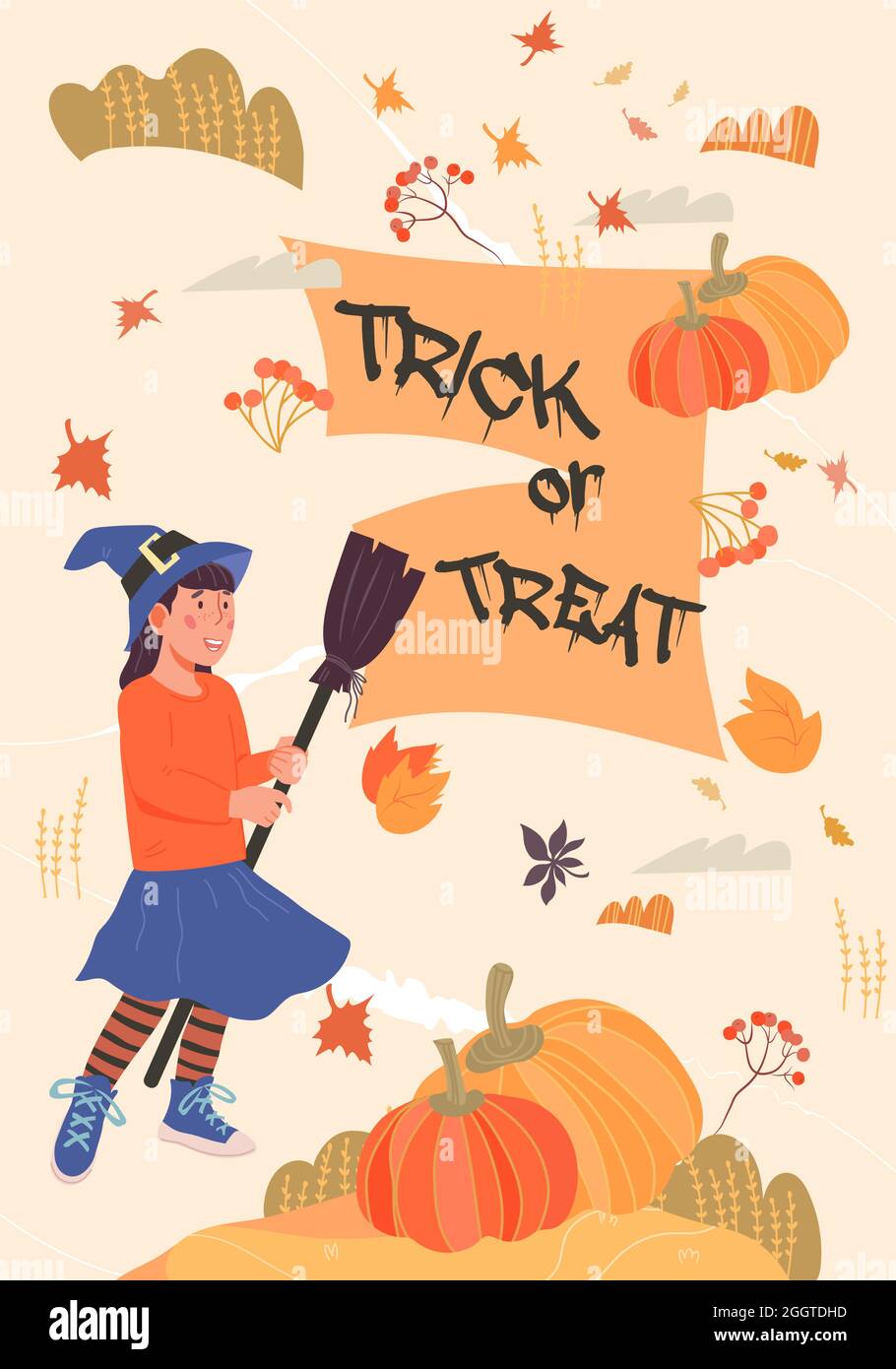 Halloween banner or poster, card with cute child girl in witch costume ...