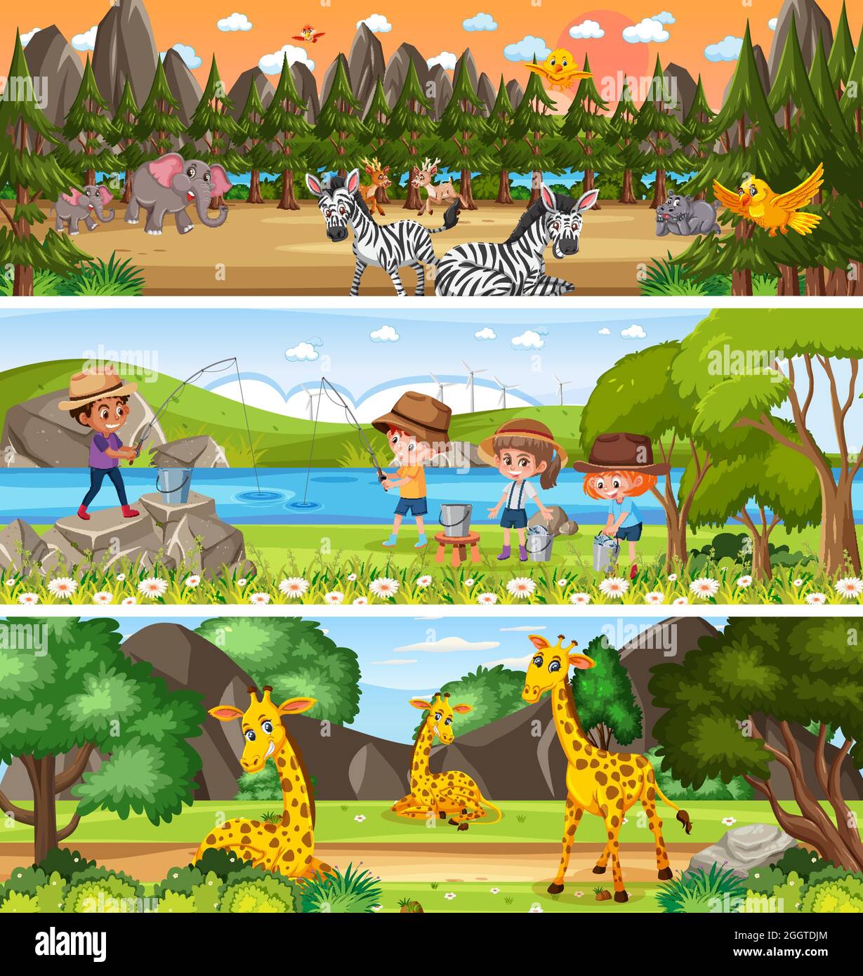 Different panoramic nature landscape set with cartoon character ...
