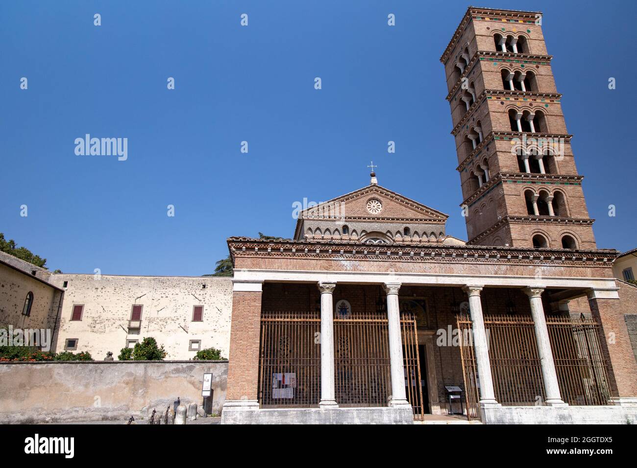 Grottaferrata, Italy - august 16 2021 - The church, the bell tower, in ...
