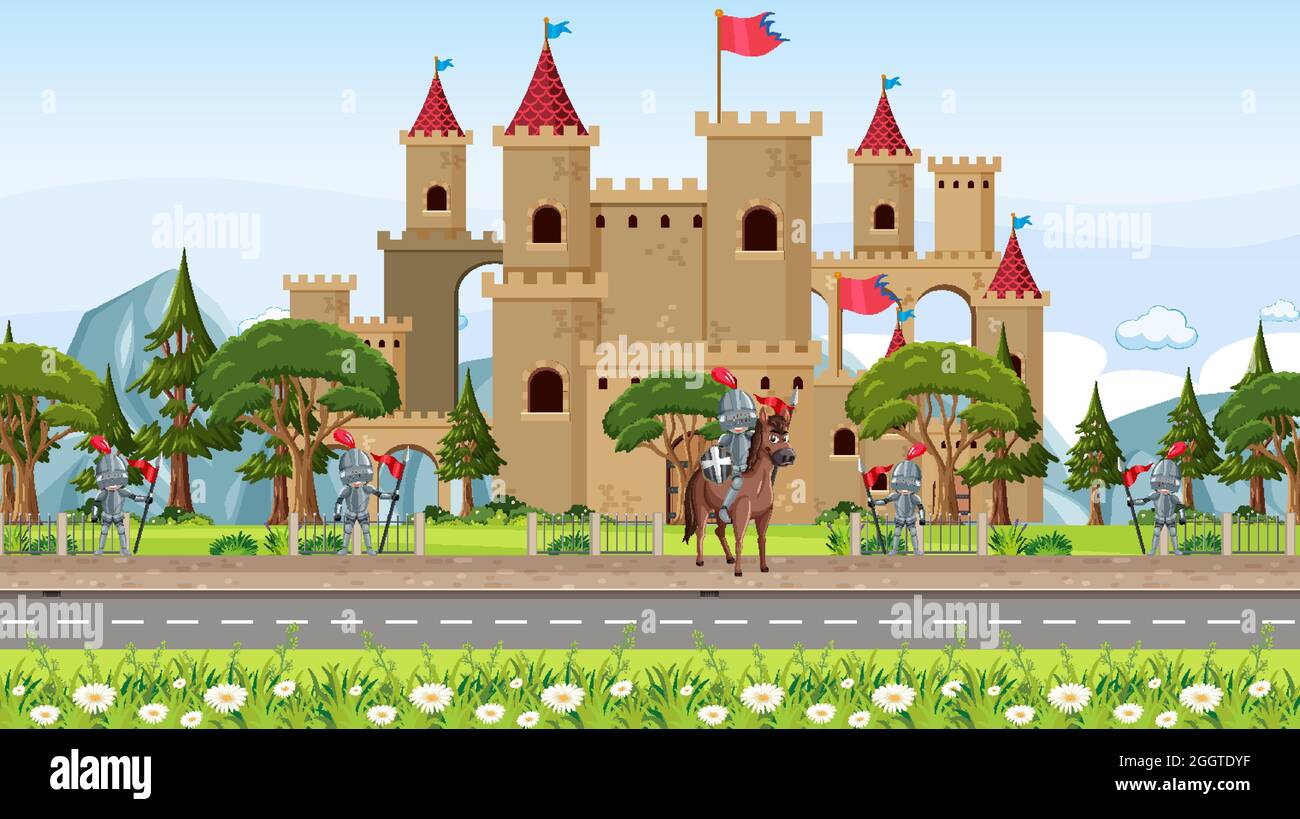 Cartoon knight in front castle Stock Vector Images - Alamy