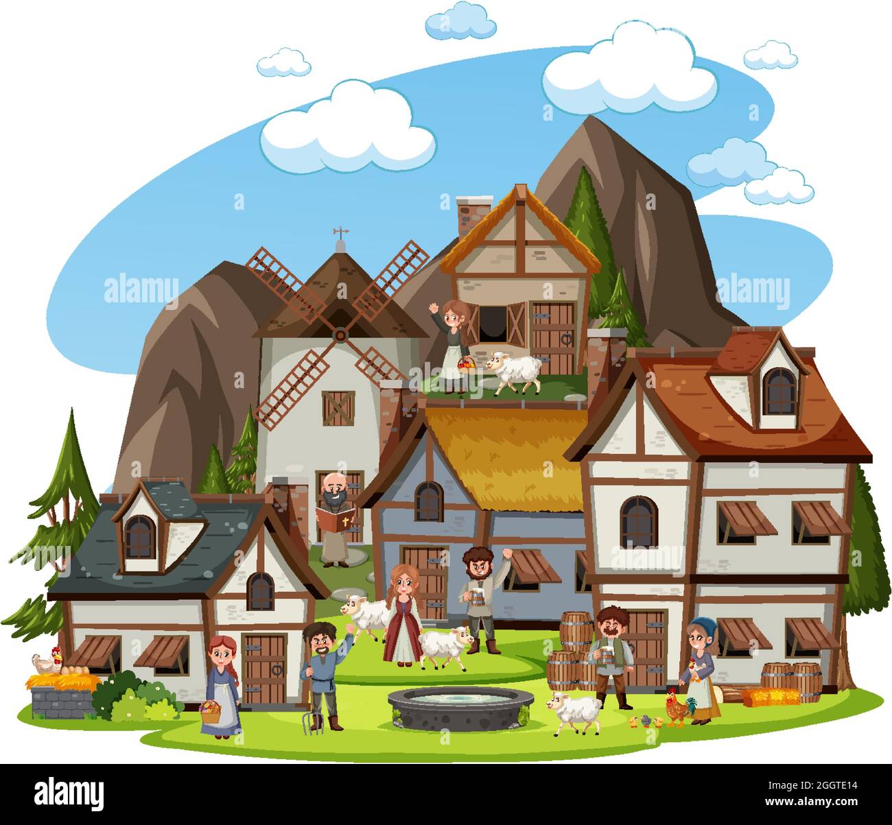 Medieval village with villagers on white background illustration Stock ...