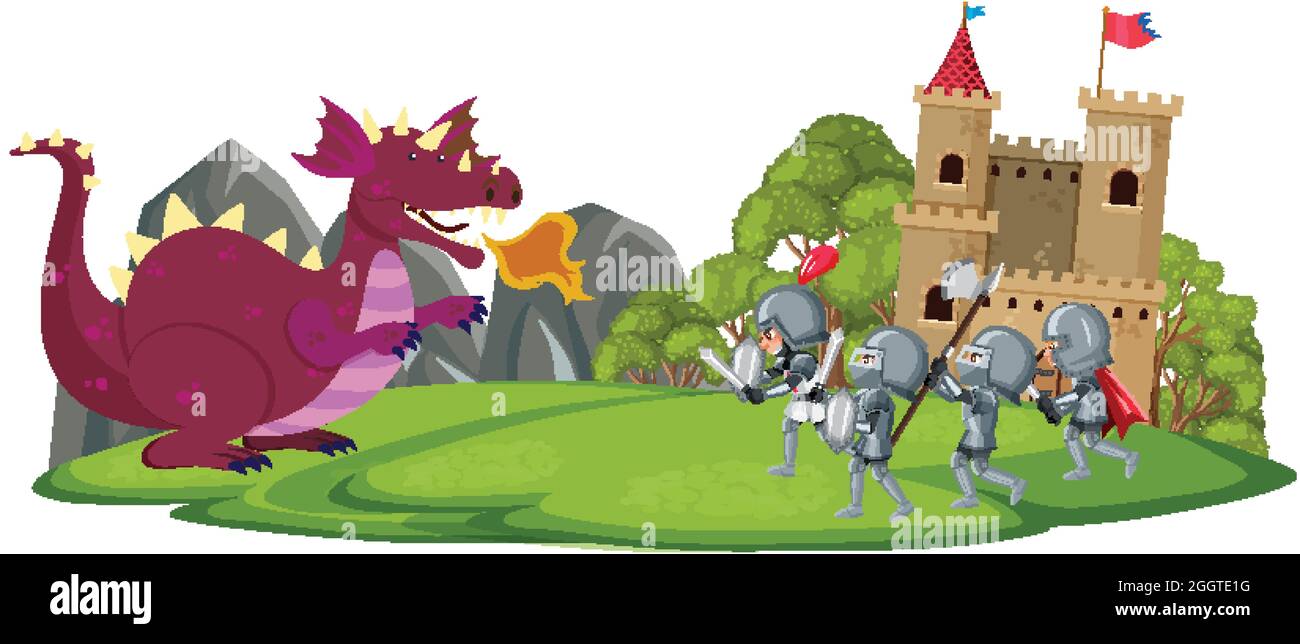 Knights fight with dragon at the castle illustration Stock Vector Image ...