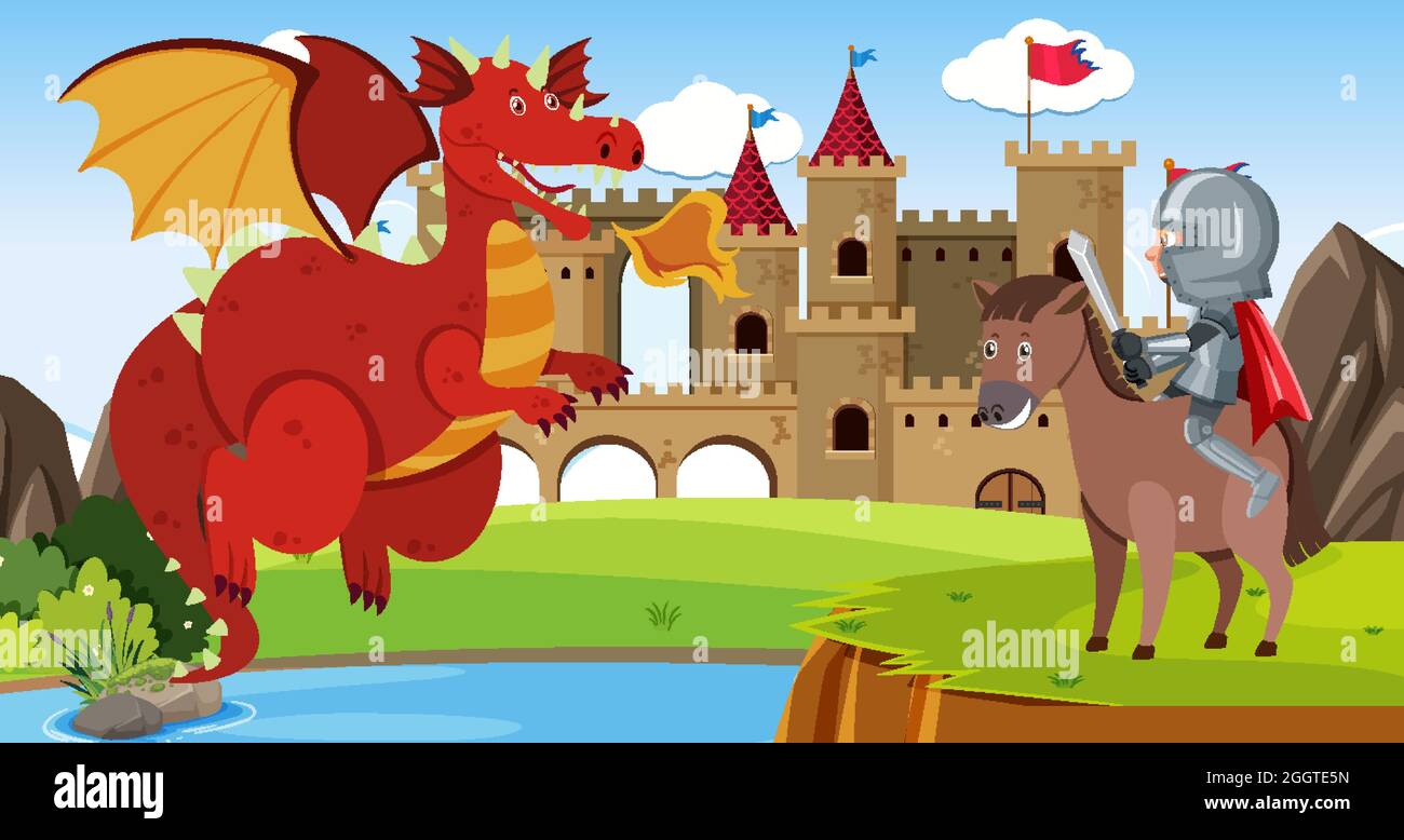 Knights fight with dragon at the castle illustration Stock Vector Image ...