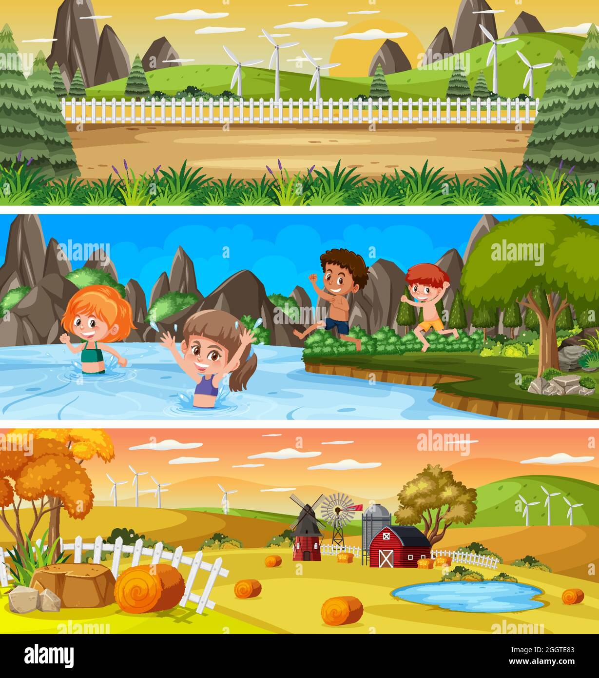 Outdoor panorama landscape scene set with cartoon character ...