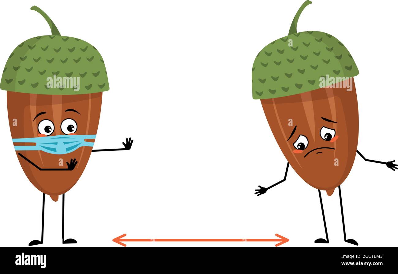 Character acorn with sad emotions, face and mask keep distance, arms ...