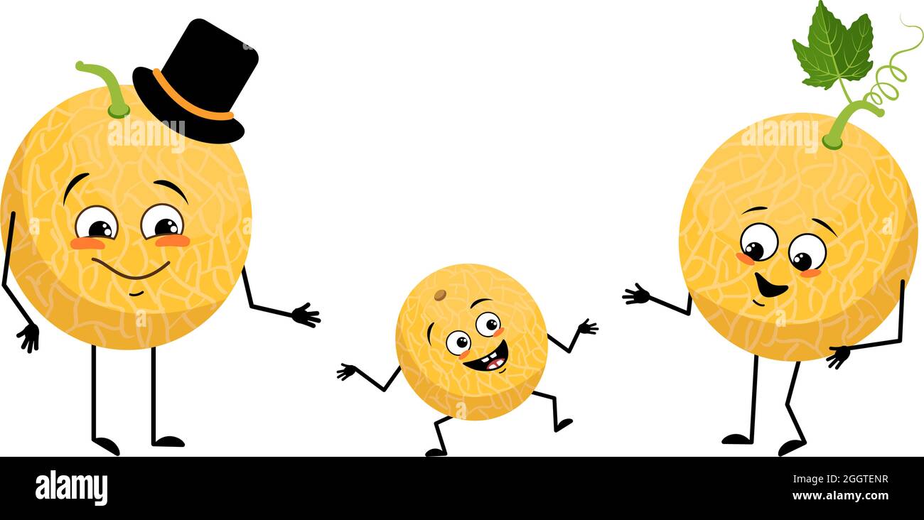 Family of cute melon characters with joyful emotions, smile face, happy ...