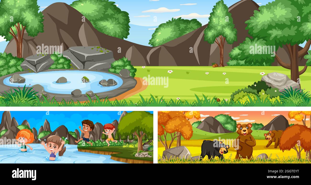 Set of different outdoor panoramic landscape scenes with cartoon ...