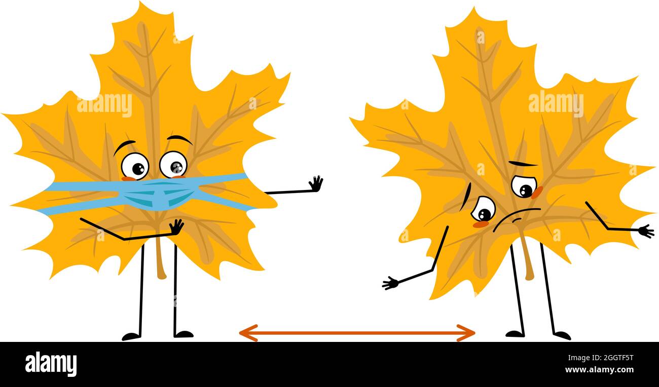 Maple leaf character with sad emotions, face and mask keep distance ...