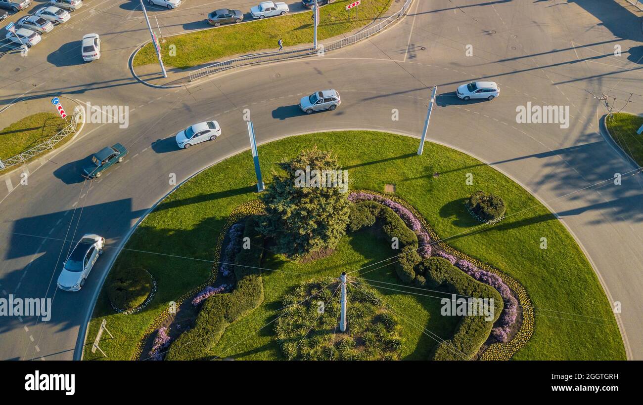 Aerial top view of road junction from above, automobile traffic and jam ...