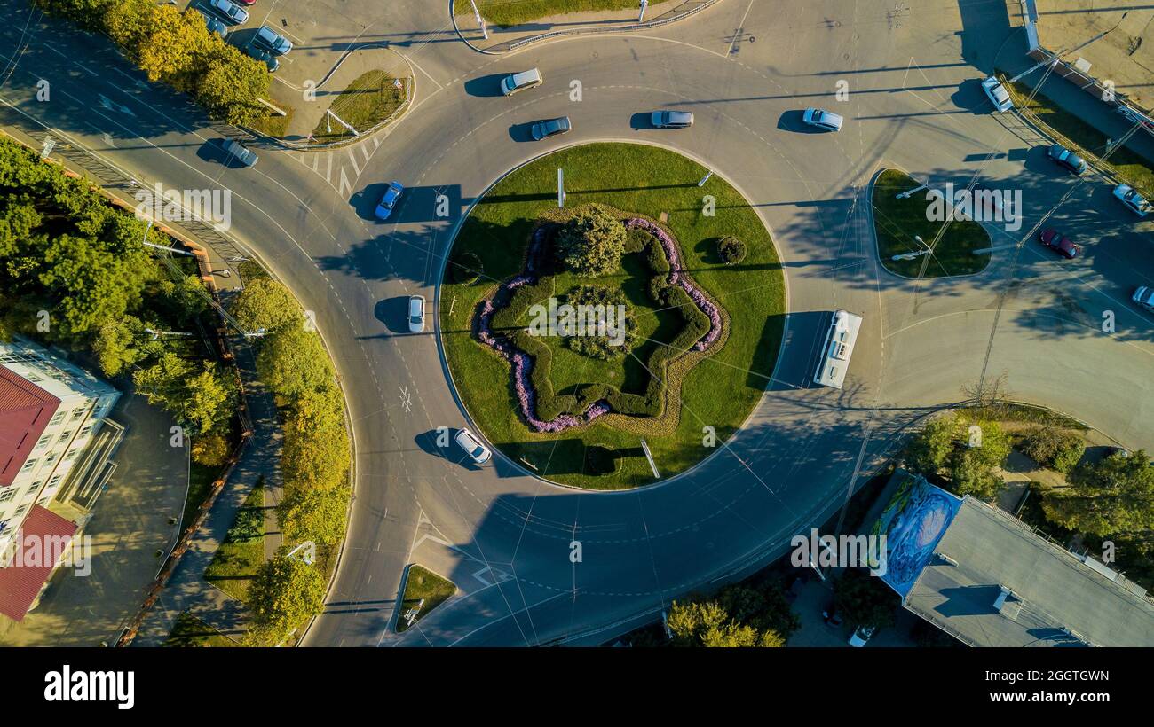 Aerial top view of road junction from above, automobile traffic and jam ...