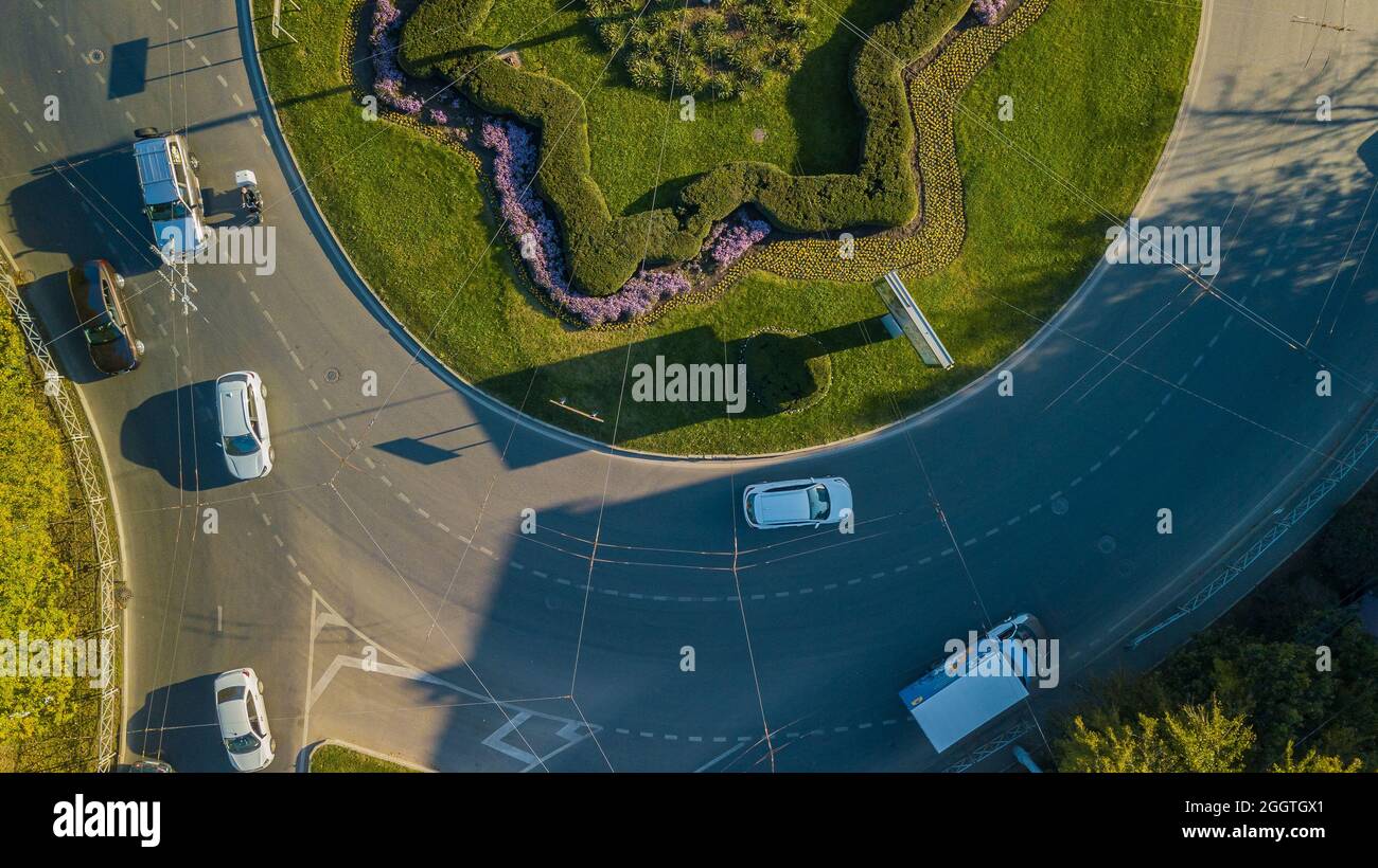 Aerial top view of road junction from above, automobile traffic and jam ...