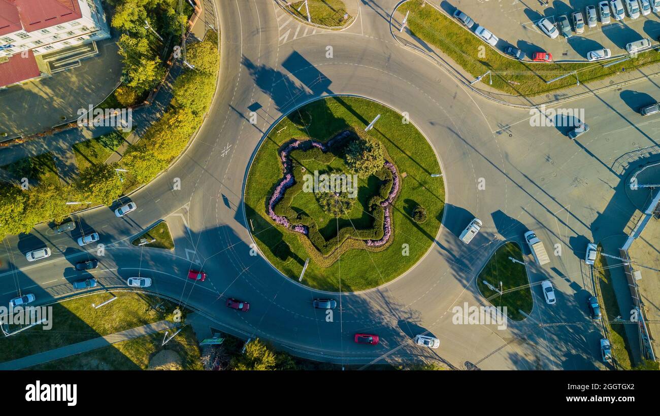 Aerial top view of road junction from above, automobile traffic and jam ...