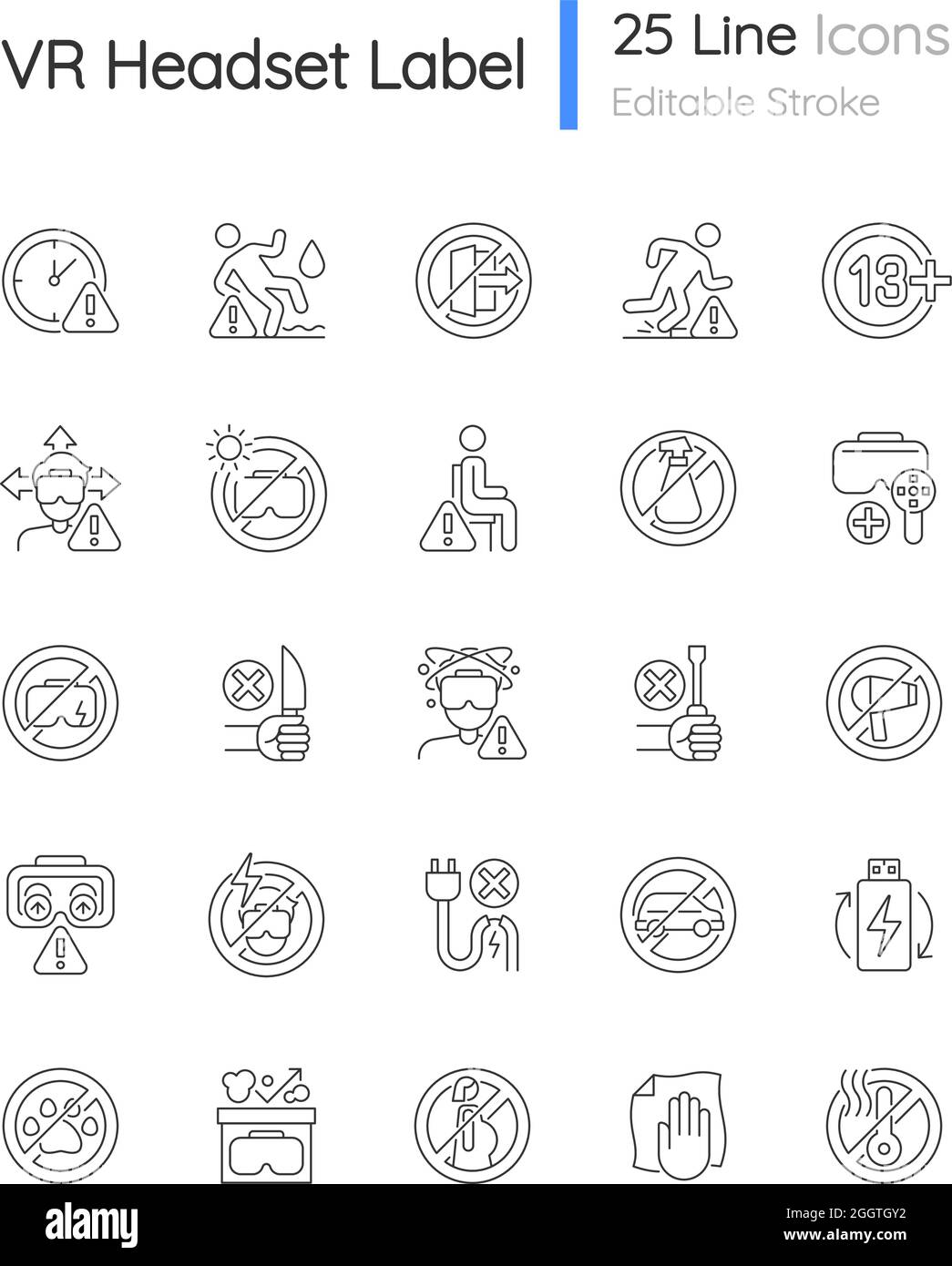 Virtual reality headset usage linear manual label icons set Stock ...