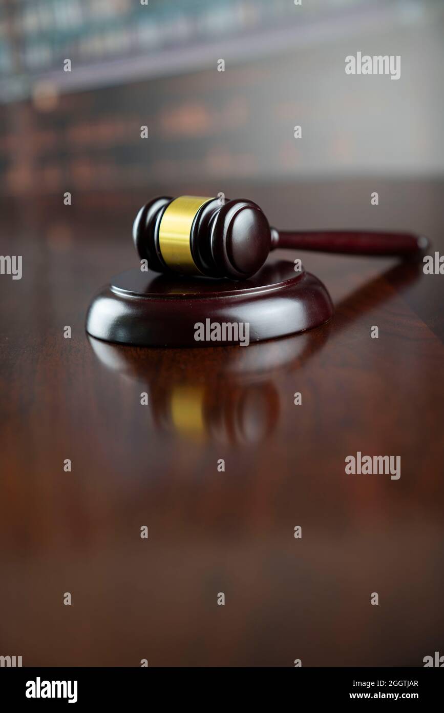 Law theme. Court library - gavel of the judge and books Stock Photo - Alamy