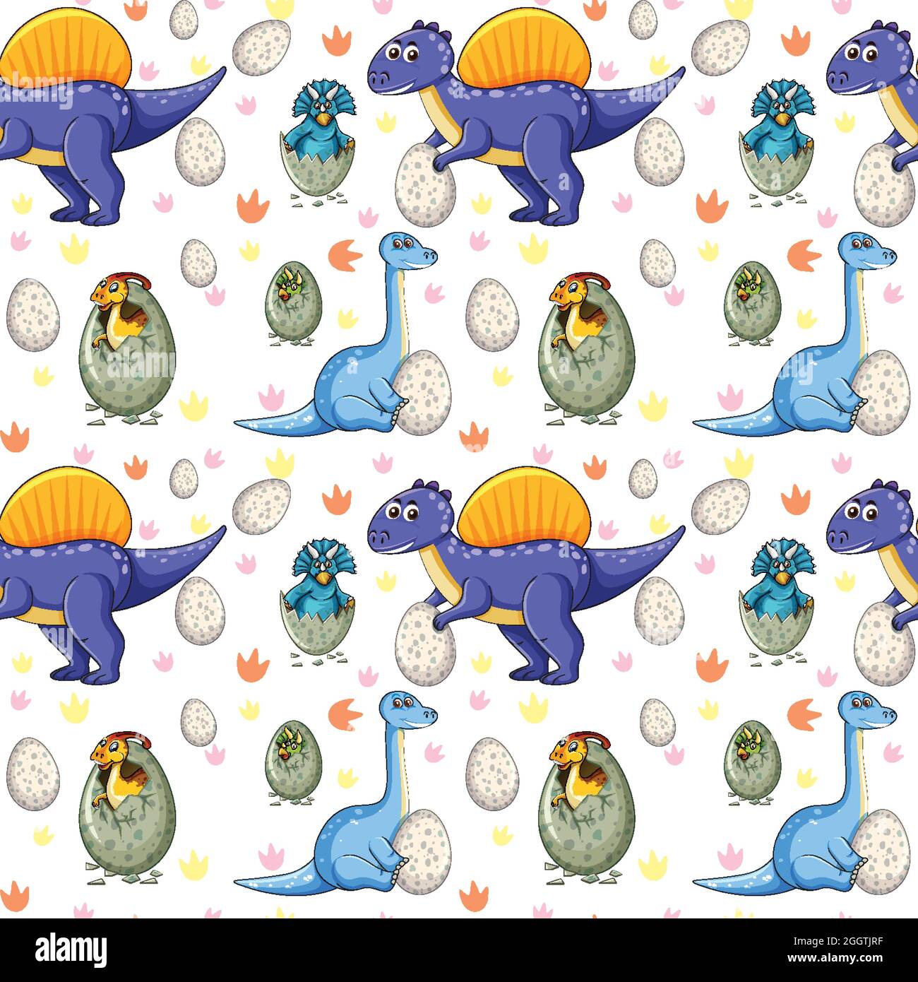 Seamless pattern with various dinosaurs and dino eggs on white ...