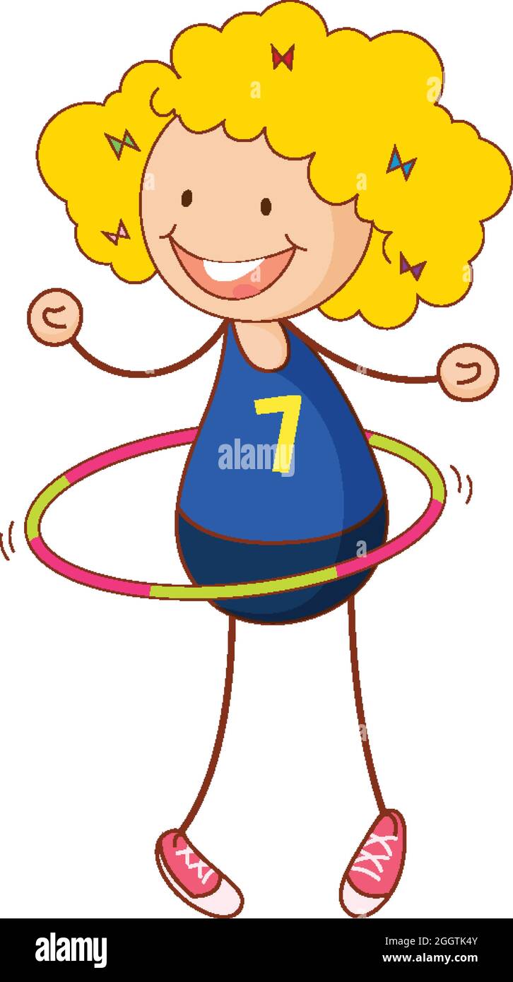 Cute girl playing hula hoop cartoon character in hand drawn doodle ...