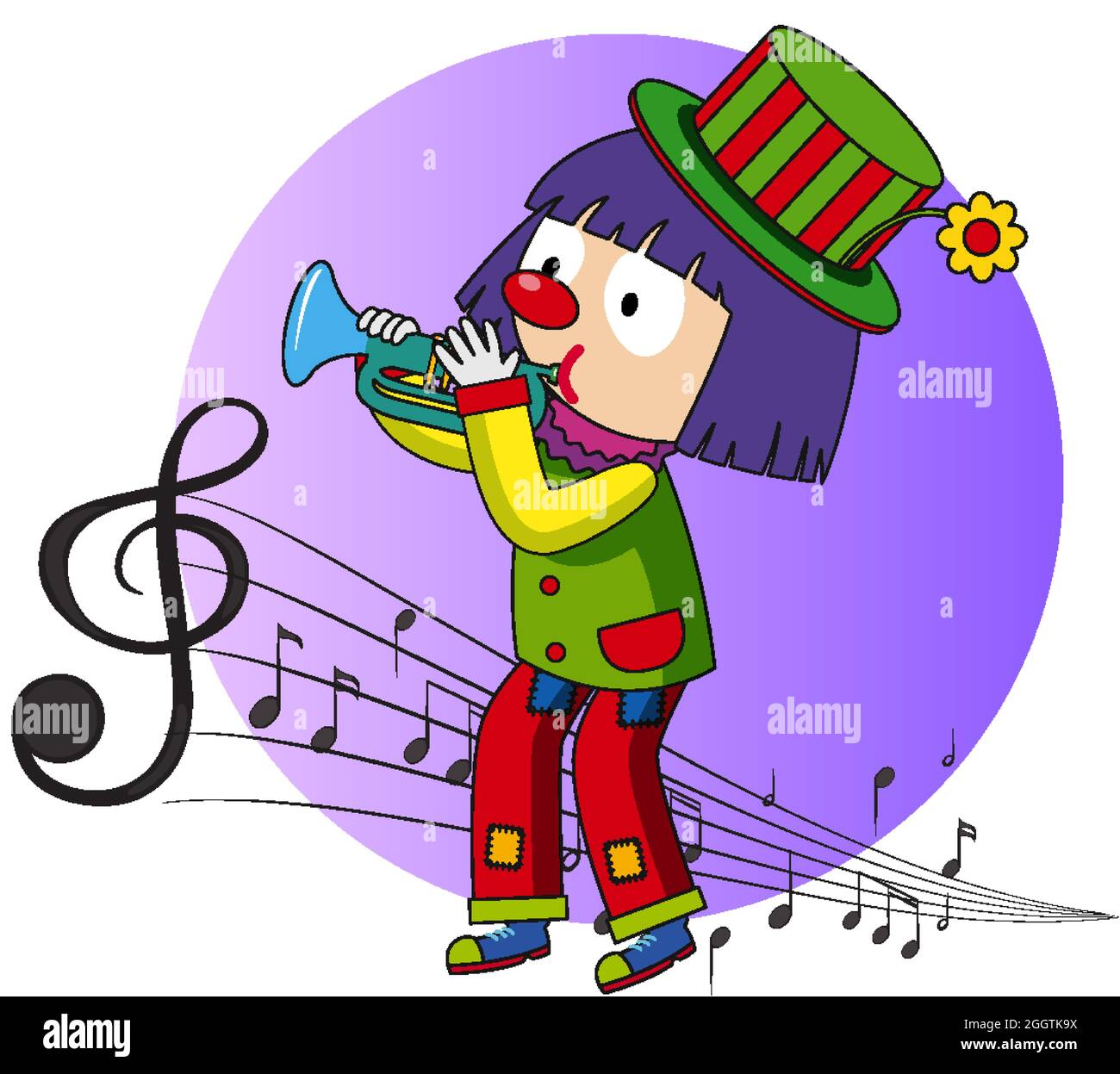 Cartoon character of a clown plays trumpet with musical melody symbols ...