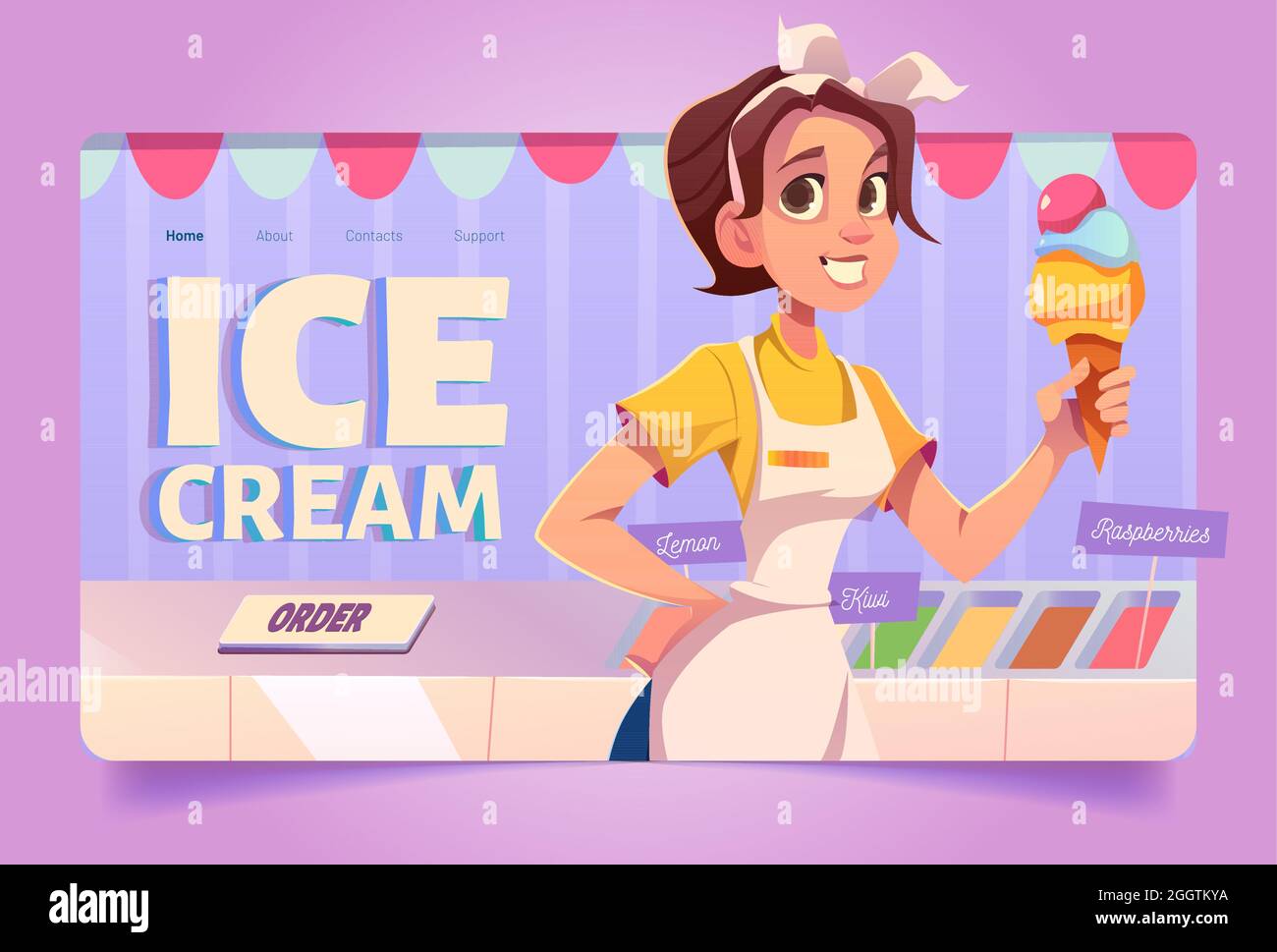 Ice cream banner with girl seller in cafe with fridge. Vector landing ...