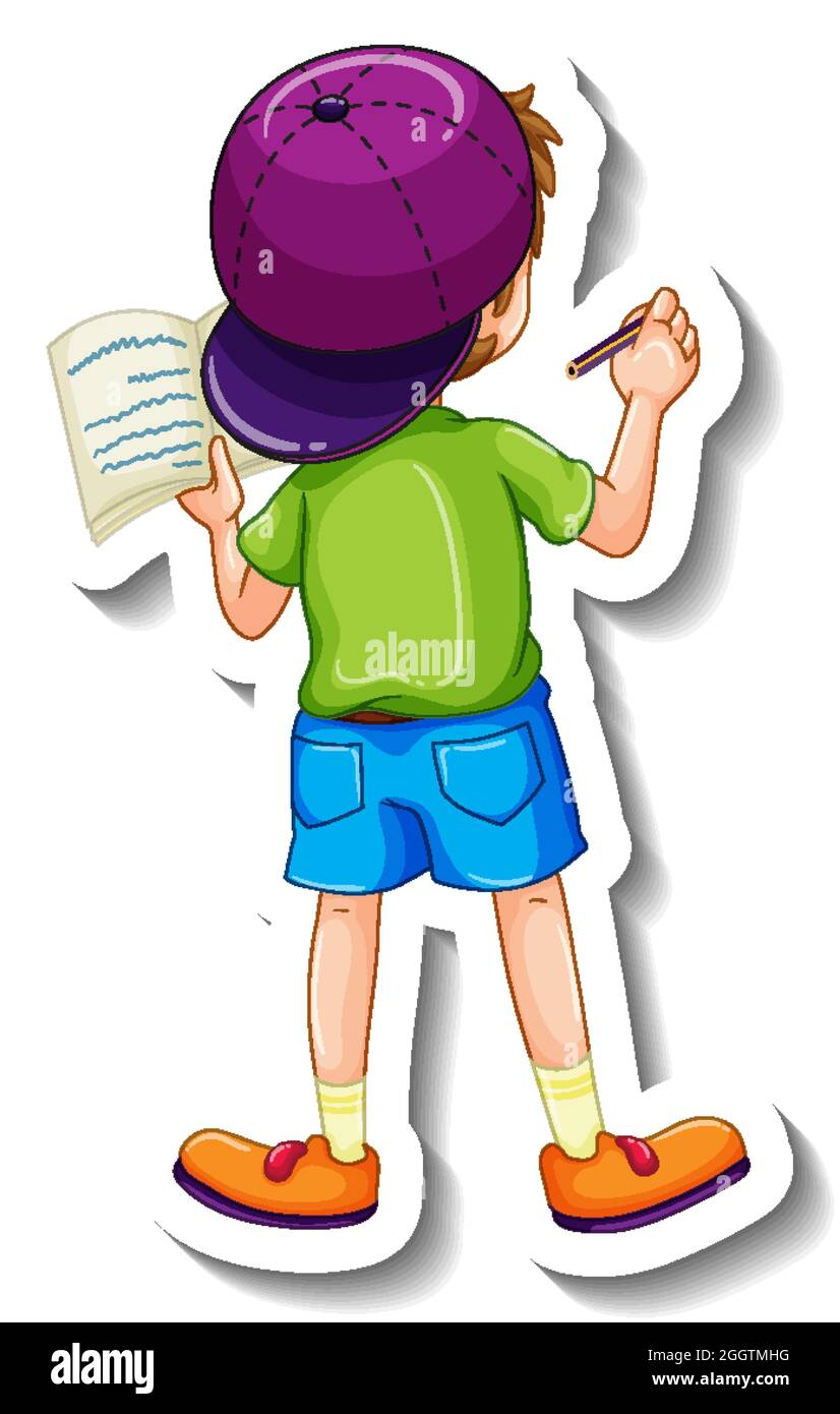 Sticker template with behind of a boy cartoon character isolated ...