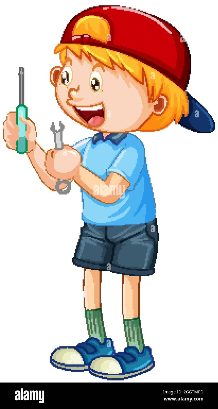 A boy holding hand tools on white background illustration Stock Vector ...
