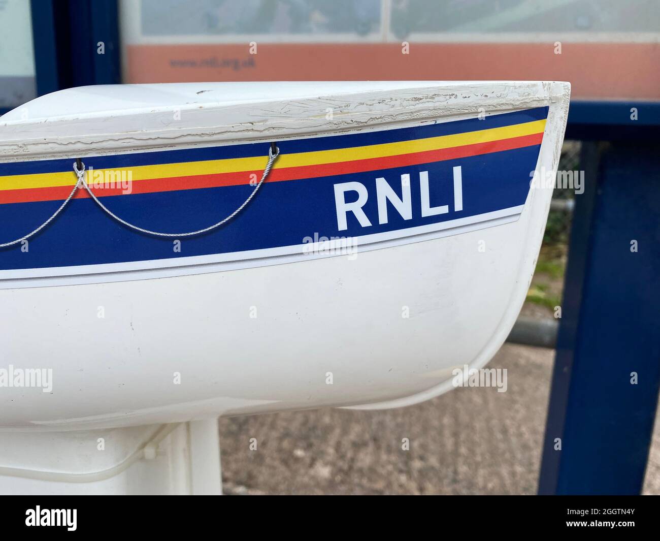MINEHEAD, UK - August 2021: RNLI Lifeboat signs outside a cost guard ...