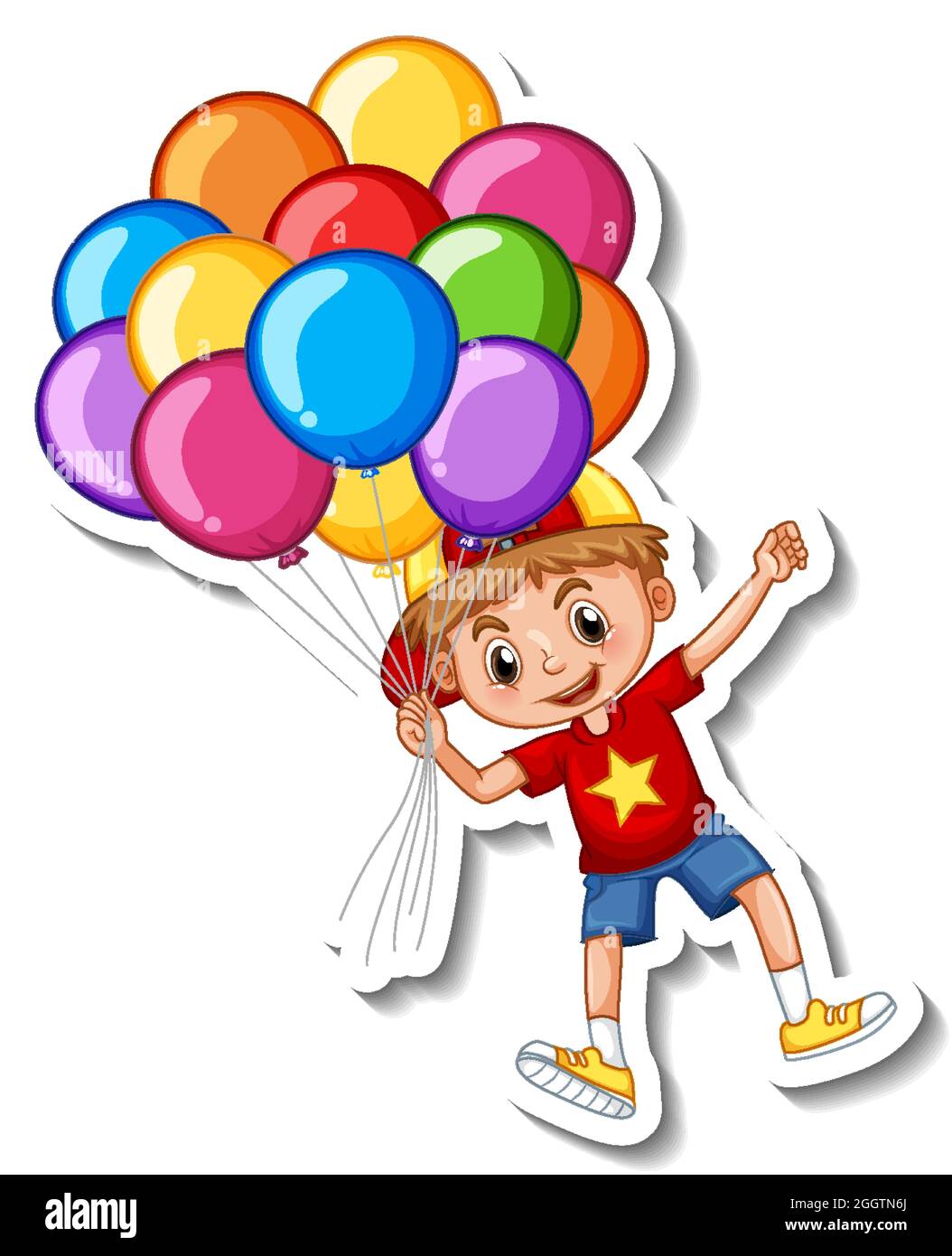 Sticker template with a boy flying with many balloons isolated ...