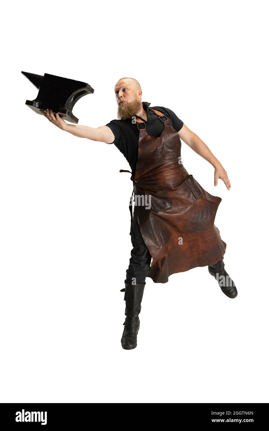 One muscular bearded bald man, blacksmith wearing leather apron or ...
