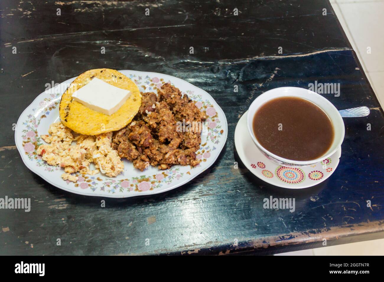 Traditional breakfast in the coffee zone of Colombia. Hot chocolate ...