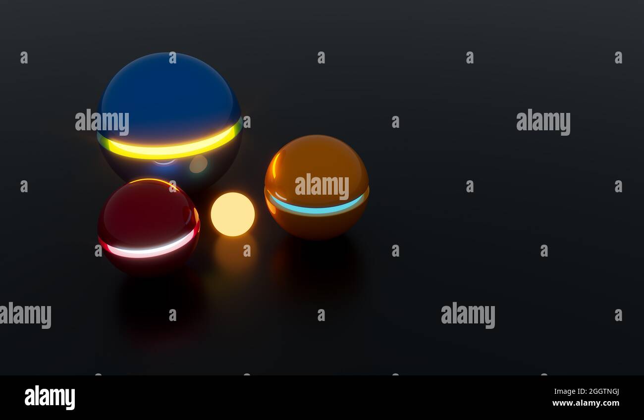 Glowing 3D spheres of different colors lying on a reflective floor. 3d ...