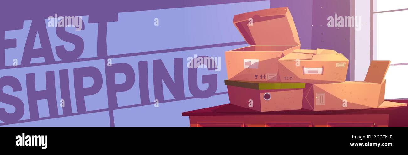 Fast shipping cartoon banner, pile of cardboard boxes lying on post ...