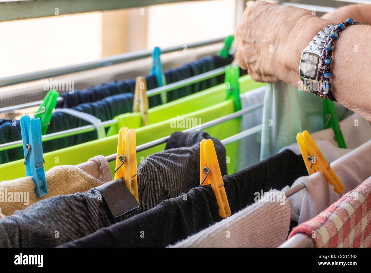 Closeup of an old woman's hands hanging up the laundry after washing ...