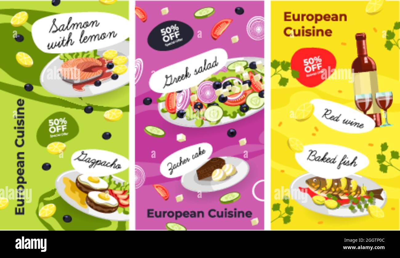 European cuisine, menu with dishes and discounts Stock Vector Image ...