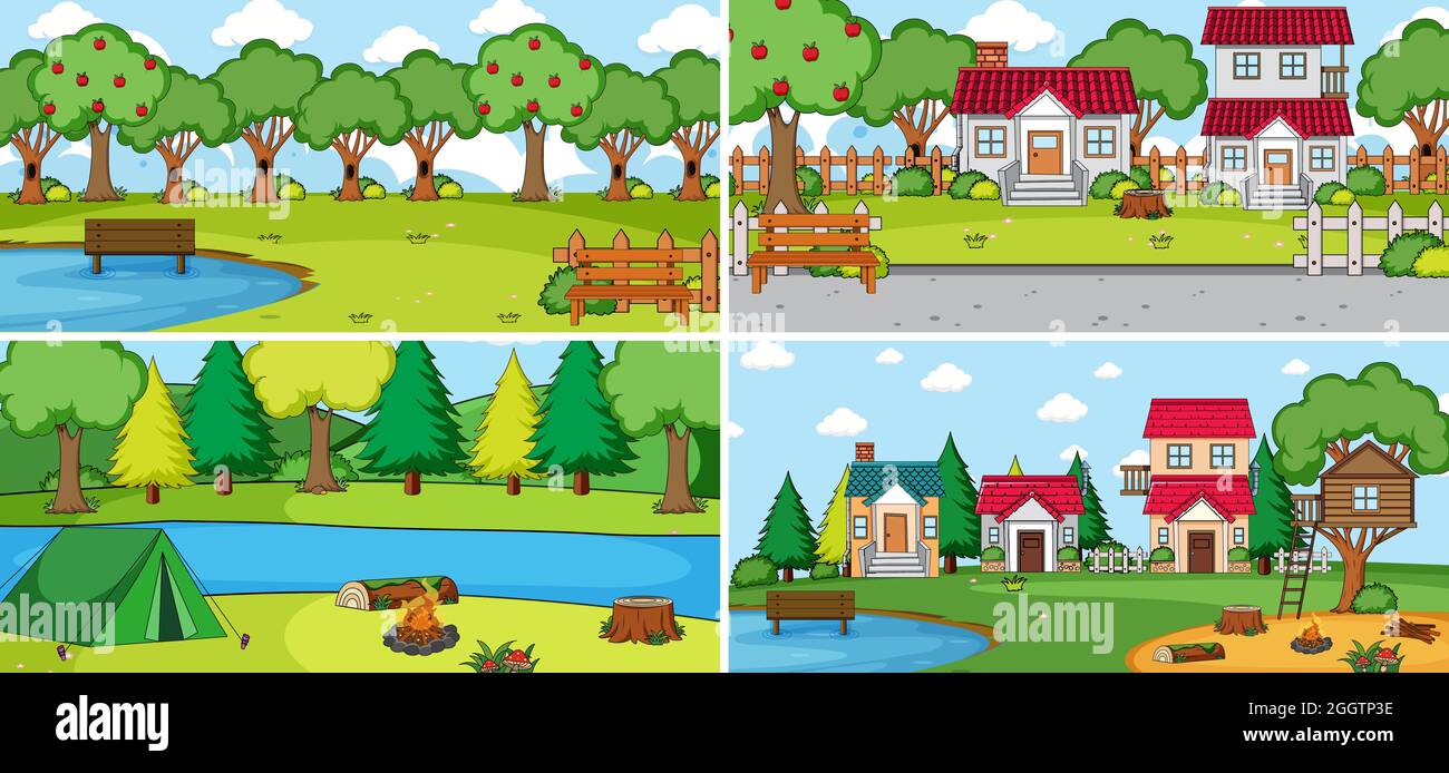 Set of different nature scenes cartoon style illustration Stock Vector ...