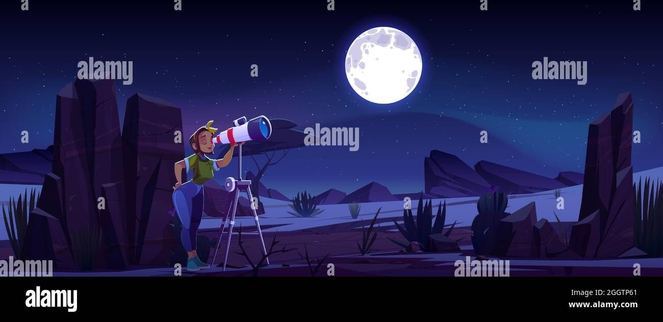 Woman look in telescope, curious young girl explore moon and stars on ...