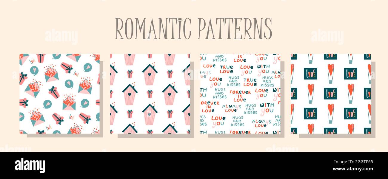 Romantic love pattern. A set of patterns in the same style. Valentine's ...