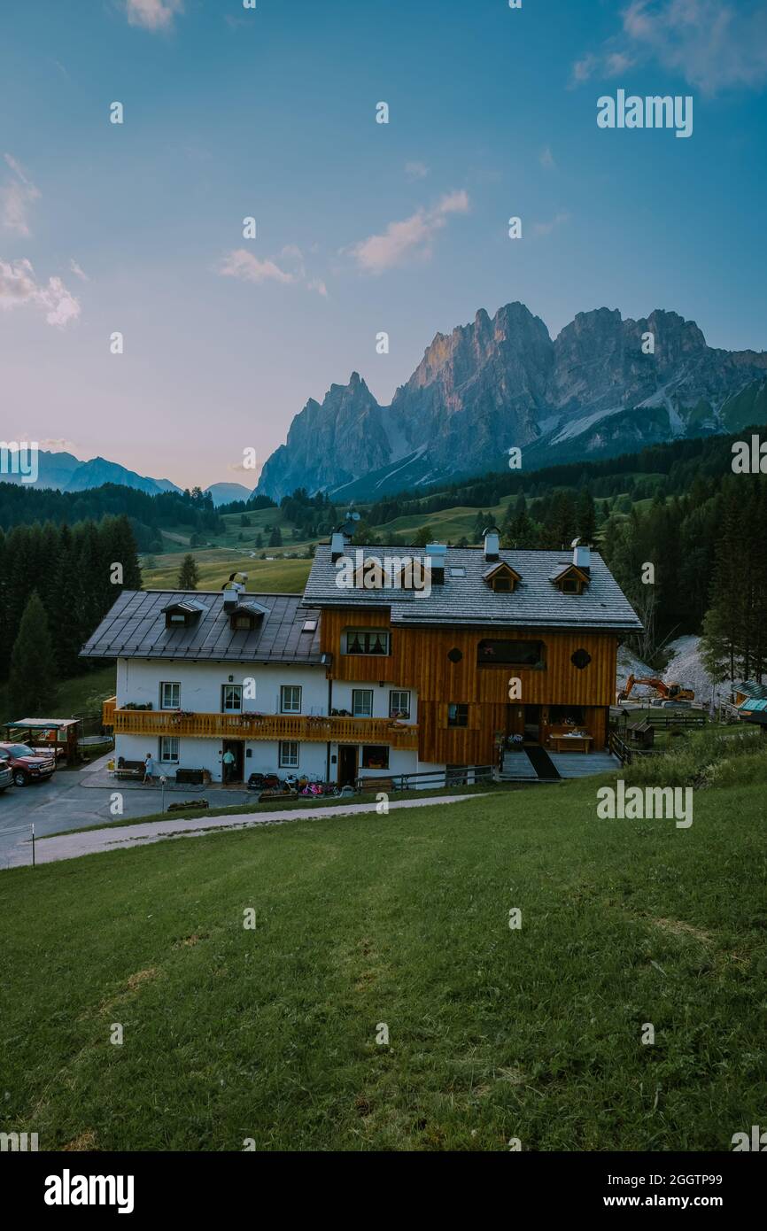 Cortina d'Ampezzo town panoramic view with alpine green landscape and ...