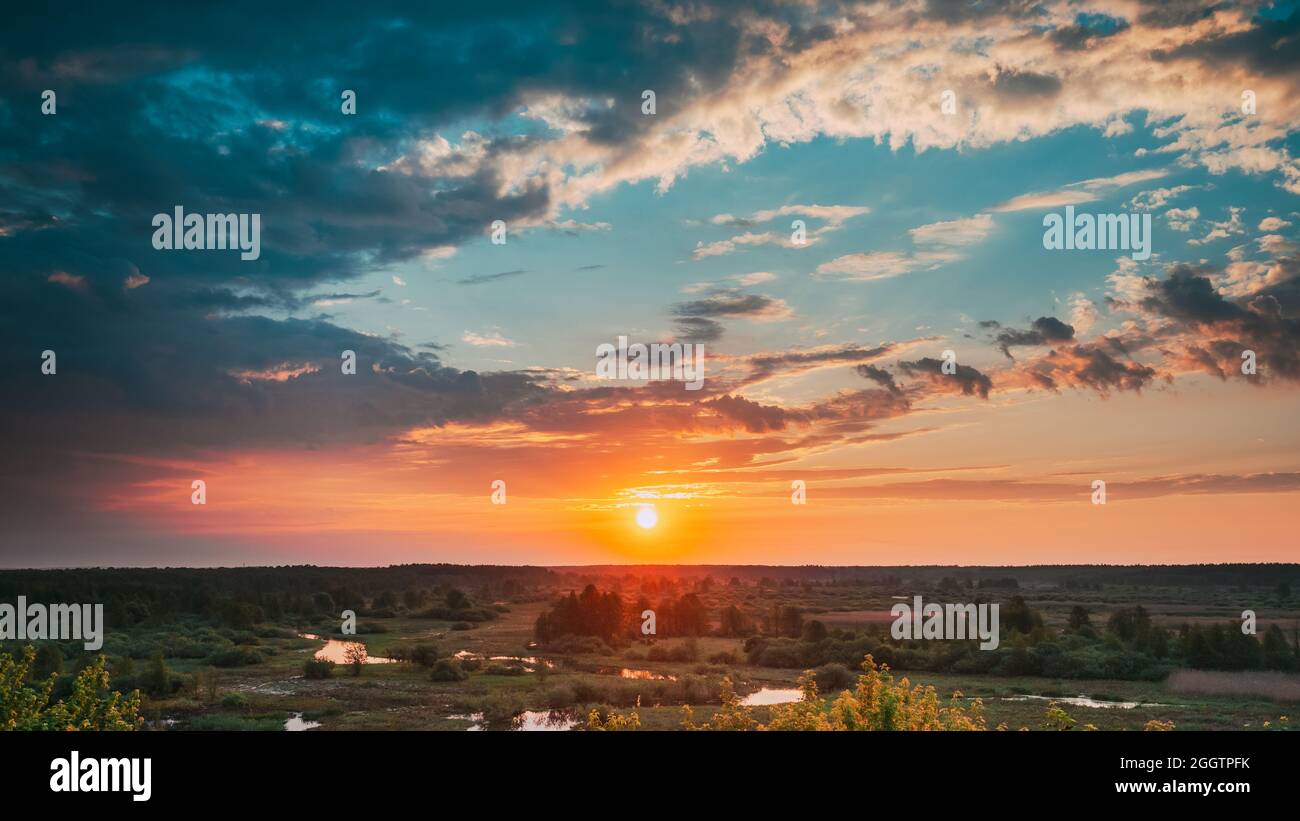 Beautiful Amazing Sunrise Above Summer Forest And River Landscape ...