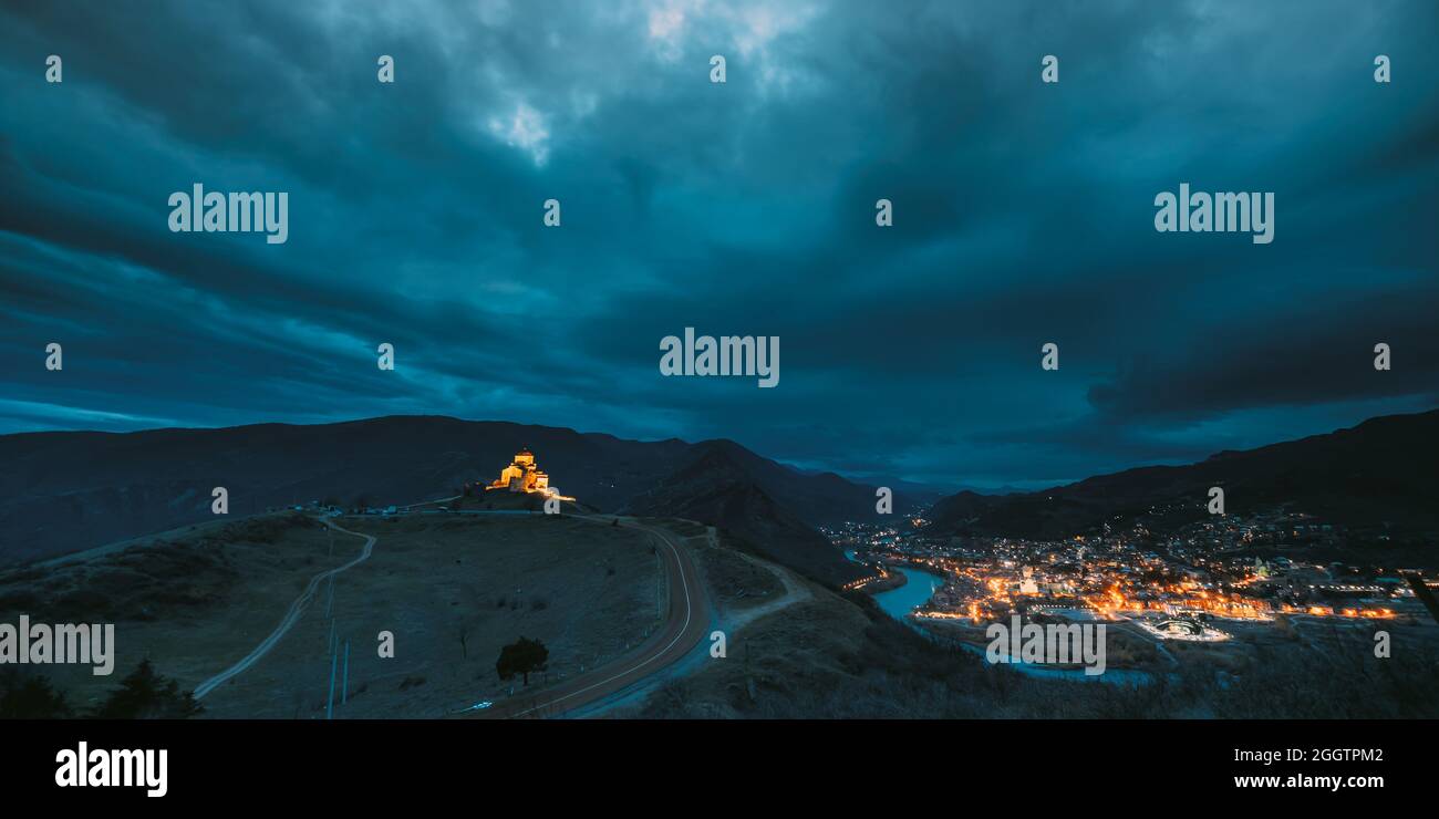 Mtskheta, Georgia. Ancient Jvari, Georgian Orthodox Monastery In Night ...