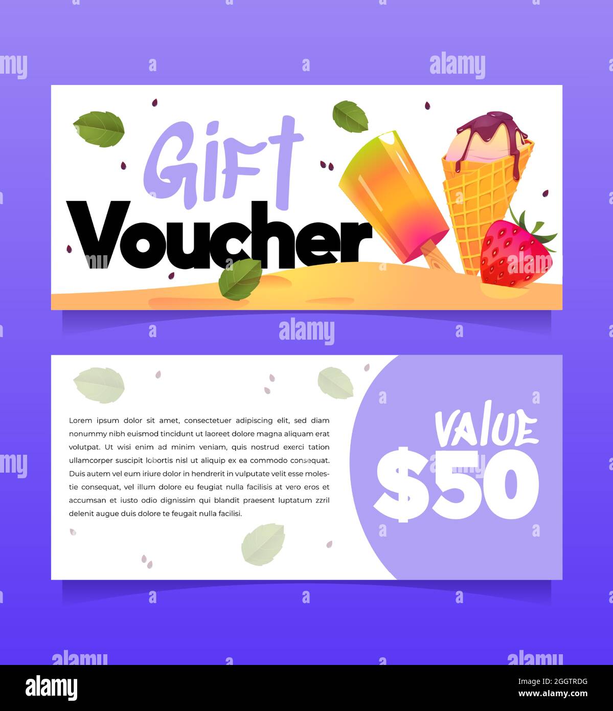 Gift voucher template with ice cream illustration and value. Vector ...