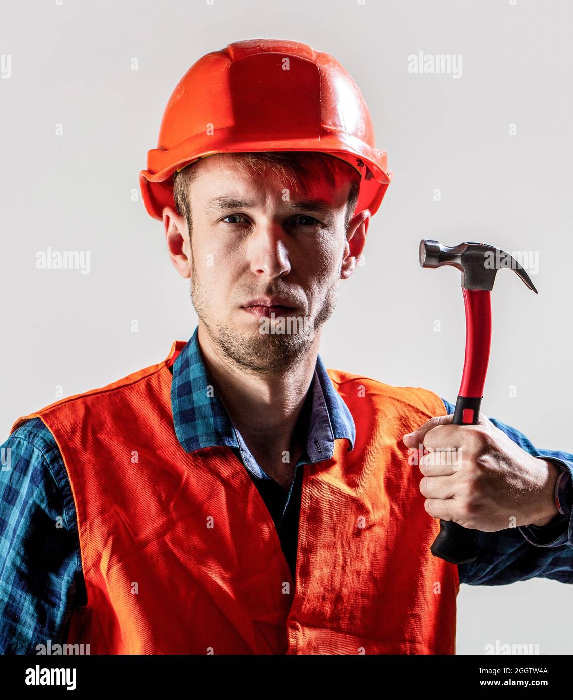 Builder in helmet, hammer, handyman, builders in hardhat. Man worker ...